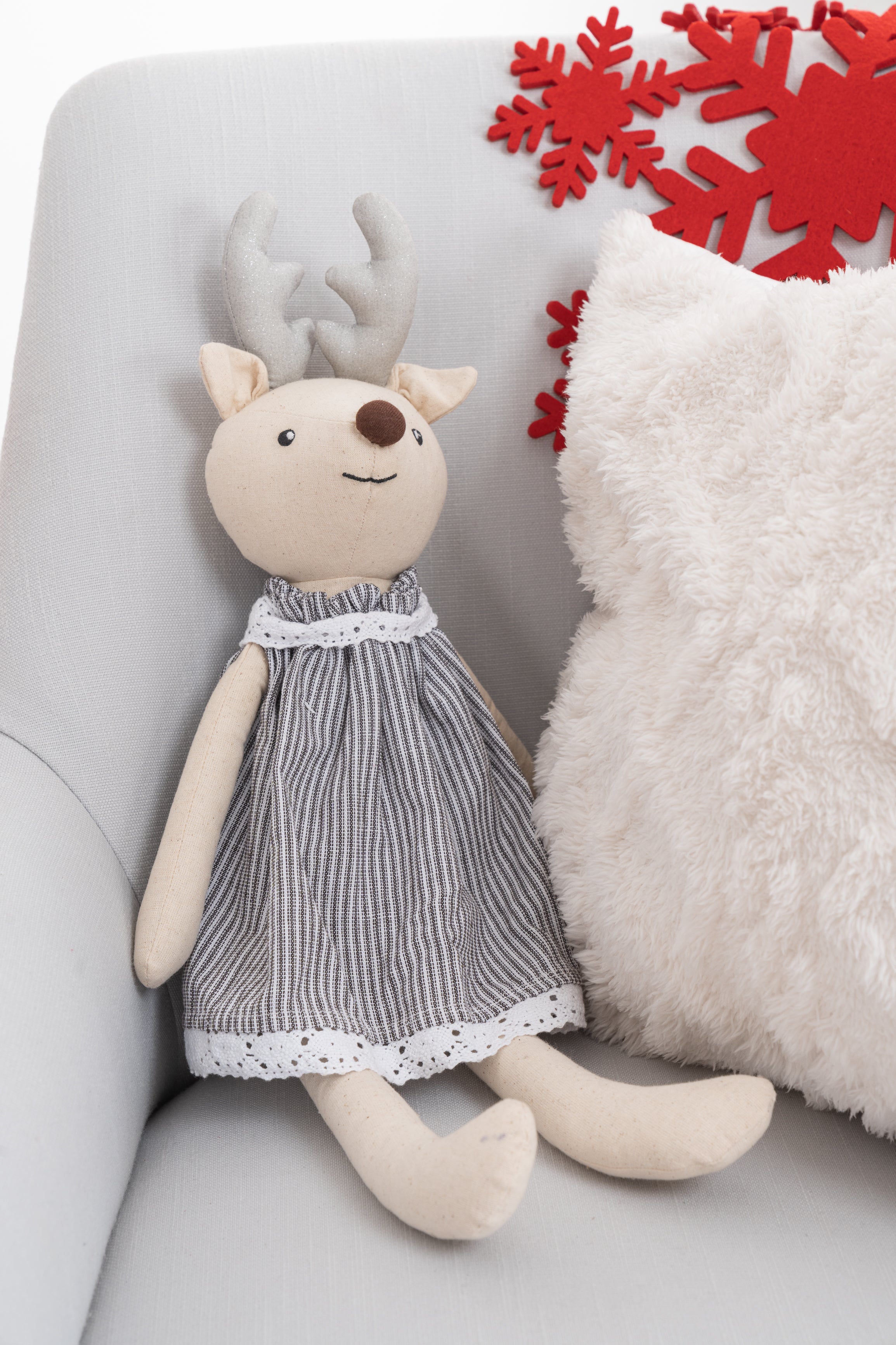 White Holiday Reindeer in Blue & White Stripe Outfit – Tikiri Toys USA